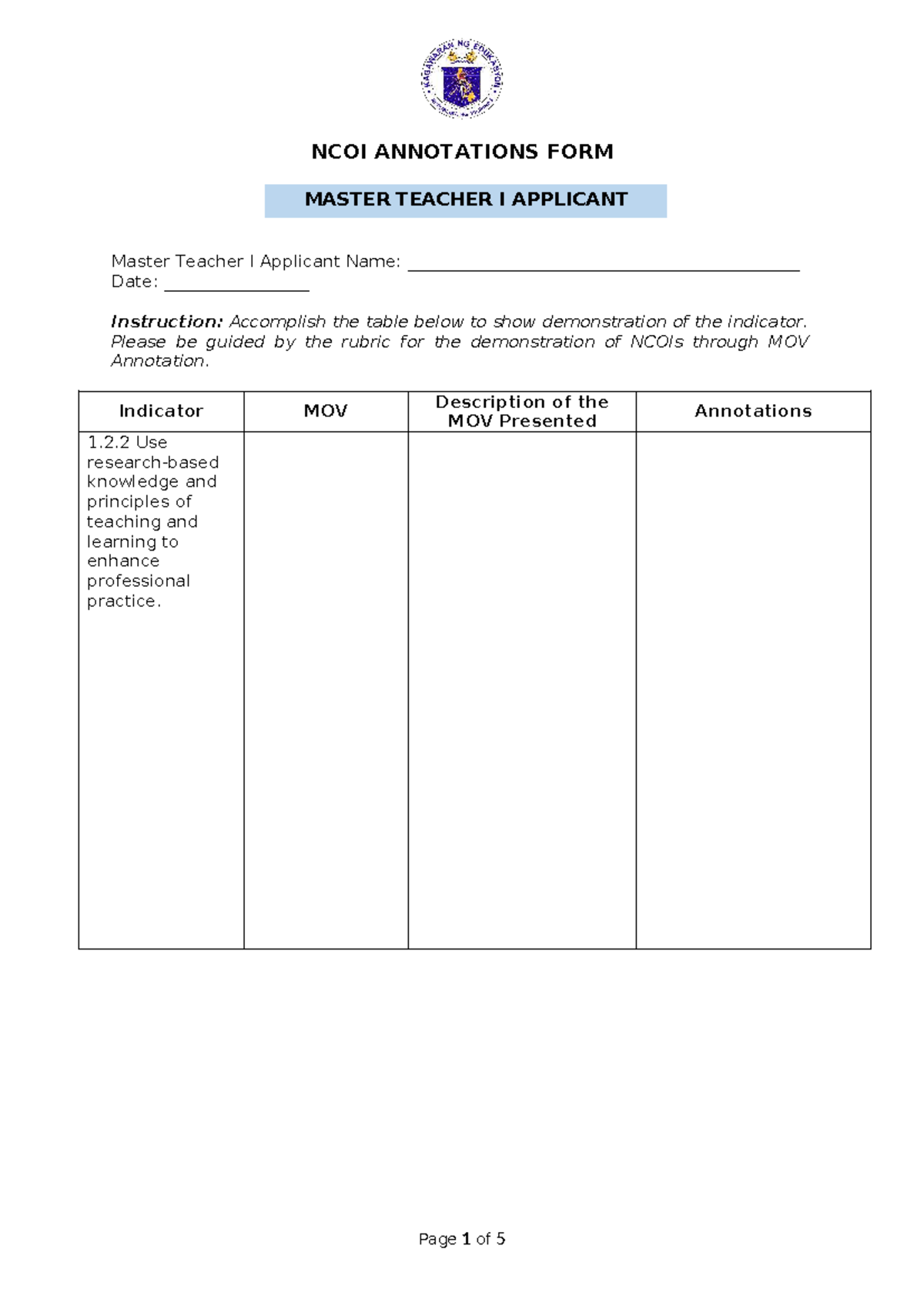 NCOI Annotations Form for Master Teacher I Applicant - Studocu