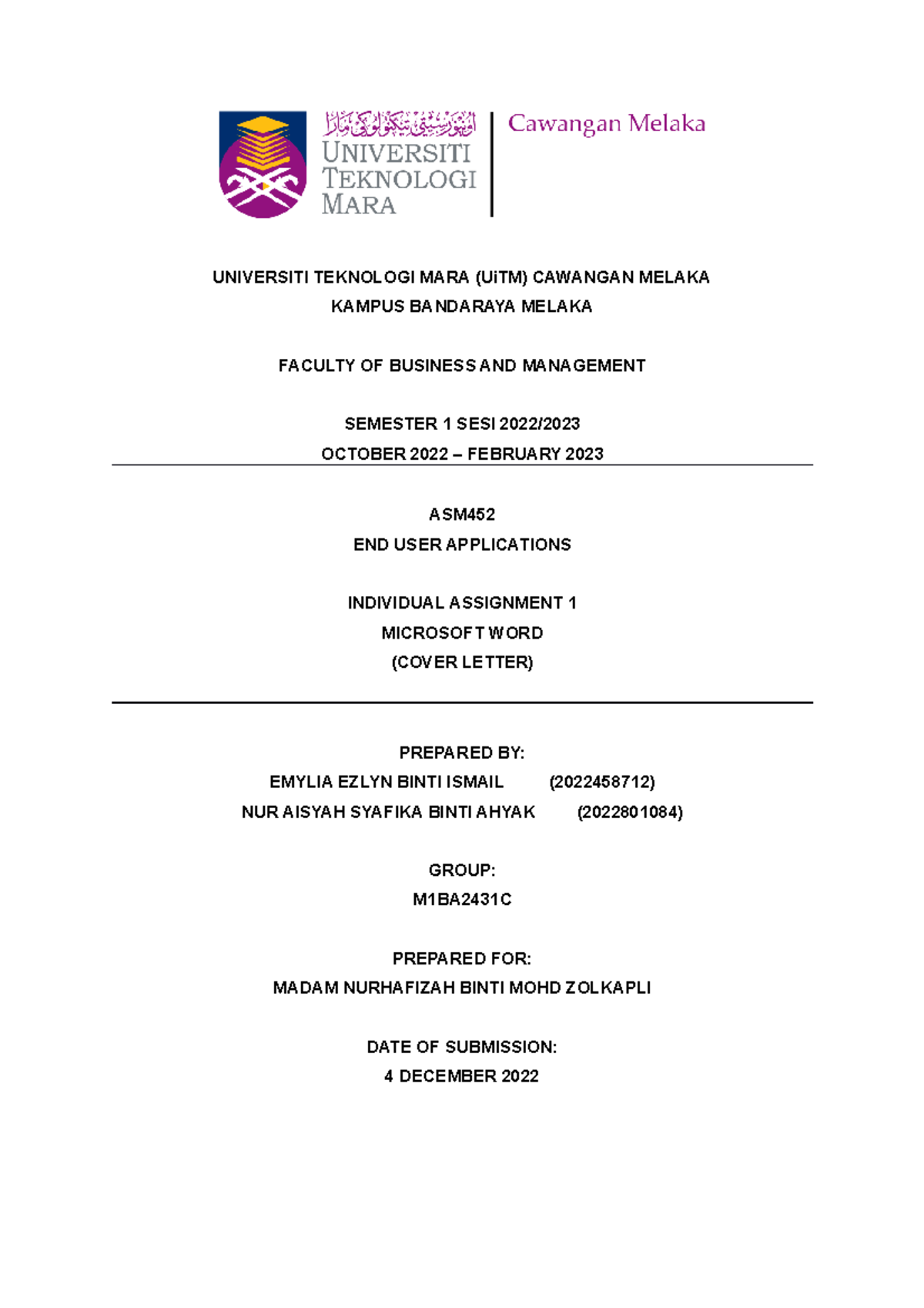 Cover Letter for ASM 2022/2023 Individual Assignment - Studocu