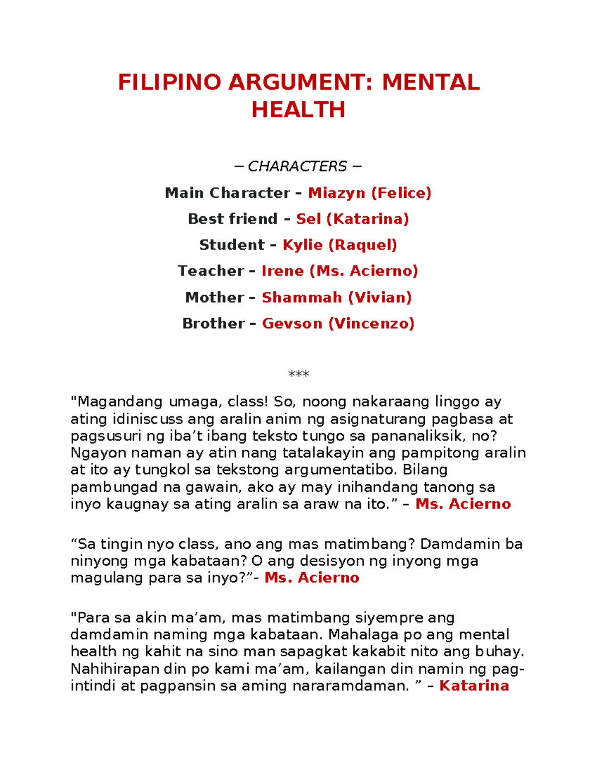 FILIPINO ARGUMENT: MENTAL HEALTH SCRIPT FOR CLASS DISCUSSION - Studocu