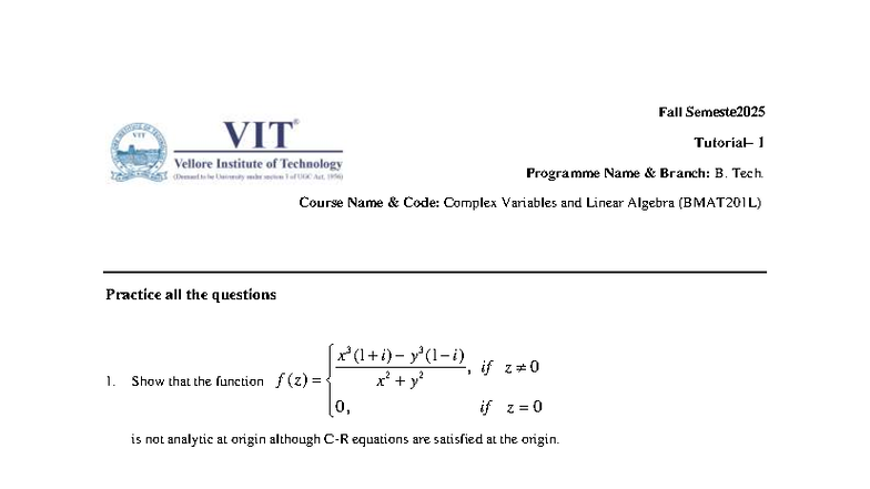 BMAT201L Complex Variables & Linear Algebra Tutorial 1 Solutions - Studocu