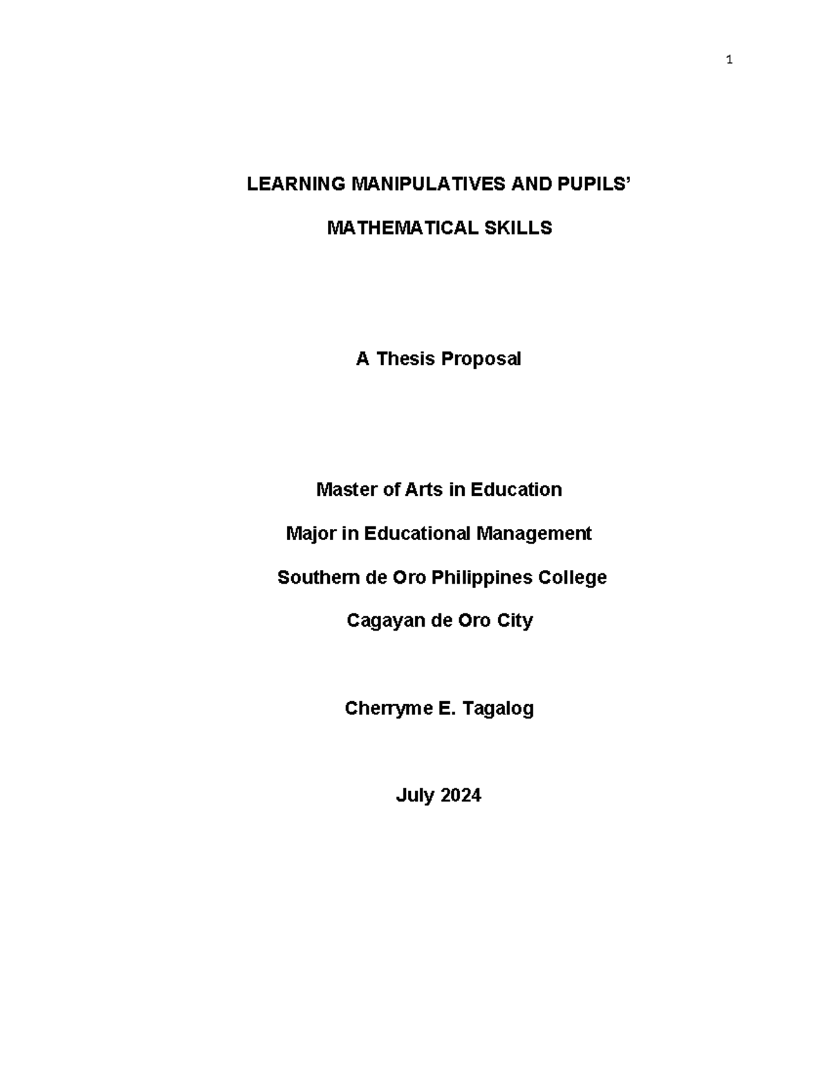 CET 7 Thesis Proposal: Learning Manipulatives & Math Skills in ...