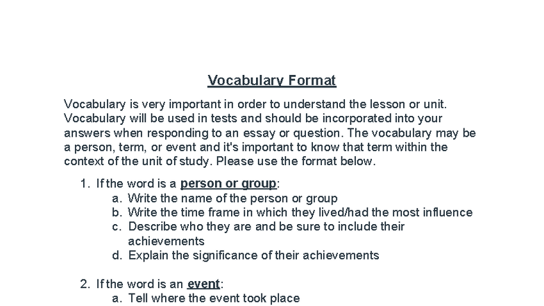Vocabulary Format for Unit Study - ubkfj dsjolk - Studocu