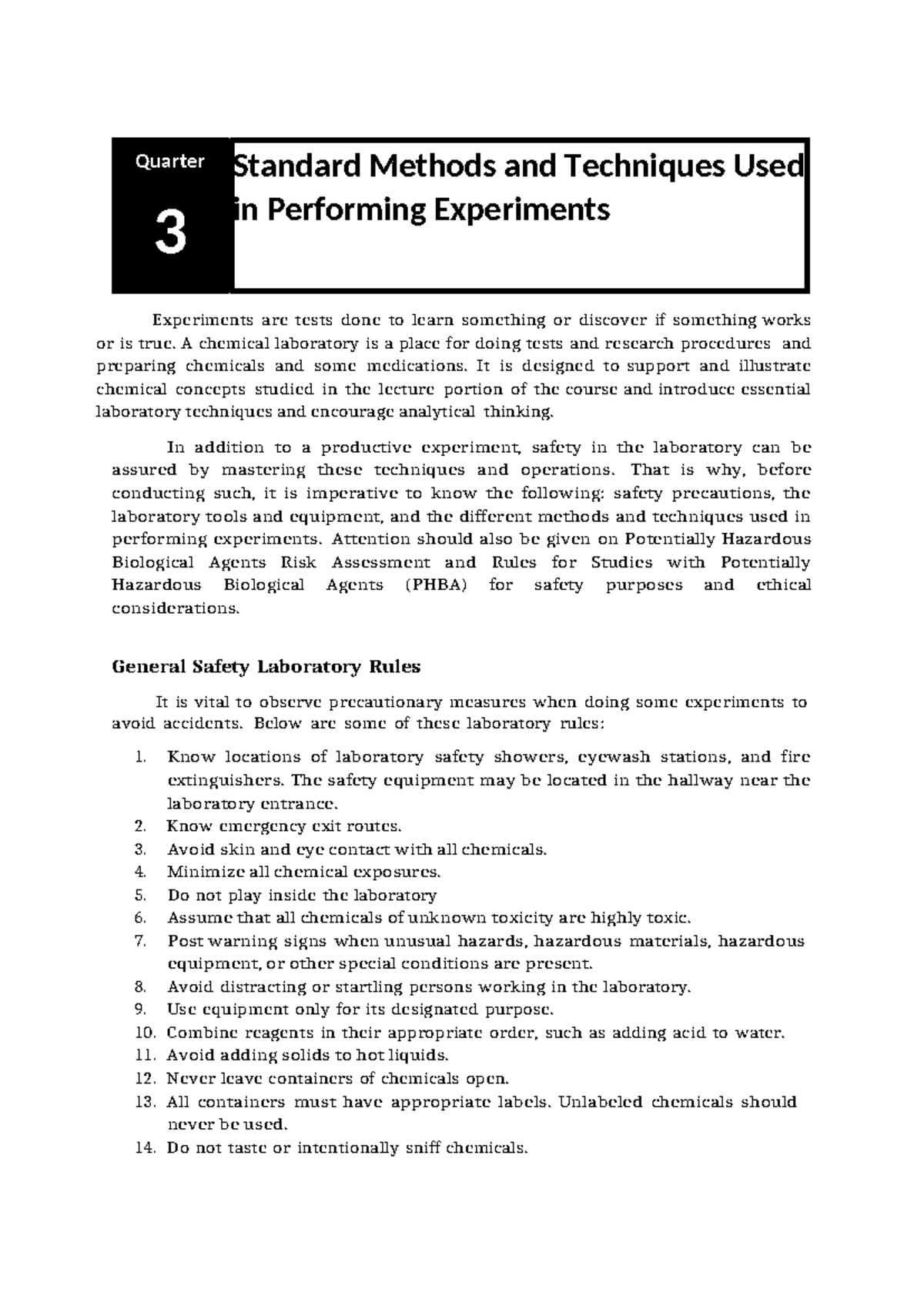 Grade 8 STE Q3 Lecture Notes: Essential Laboratory Safety Techniques ...
