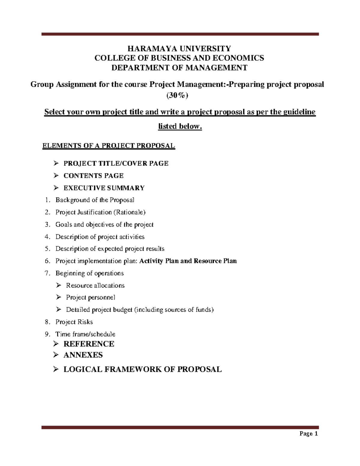 Project Proposal Guidelines for MGMT 01 at Haramaya University - Studocu