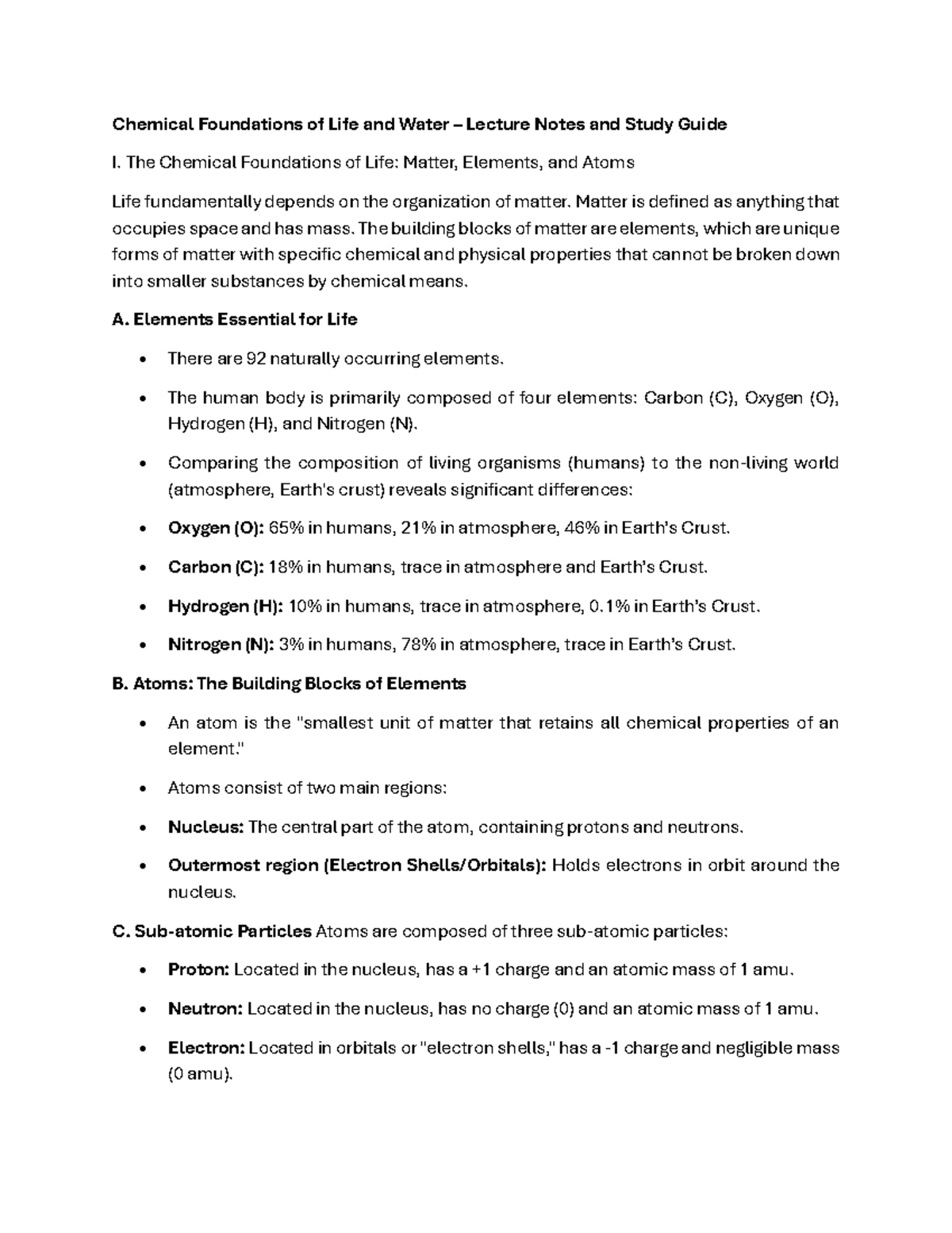 Chemical Foundations of Life: Water & Basic Chem - Study Guide I - Studocu