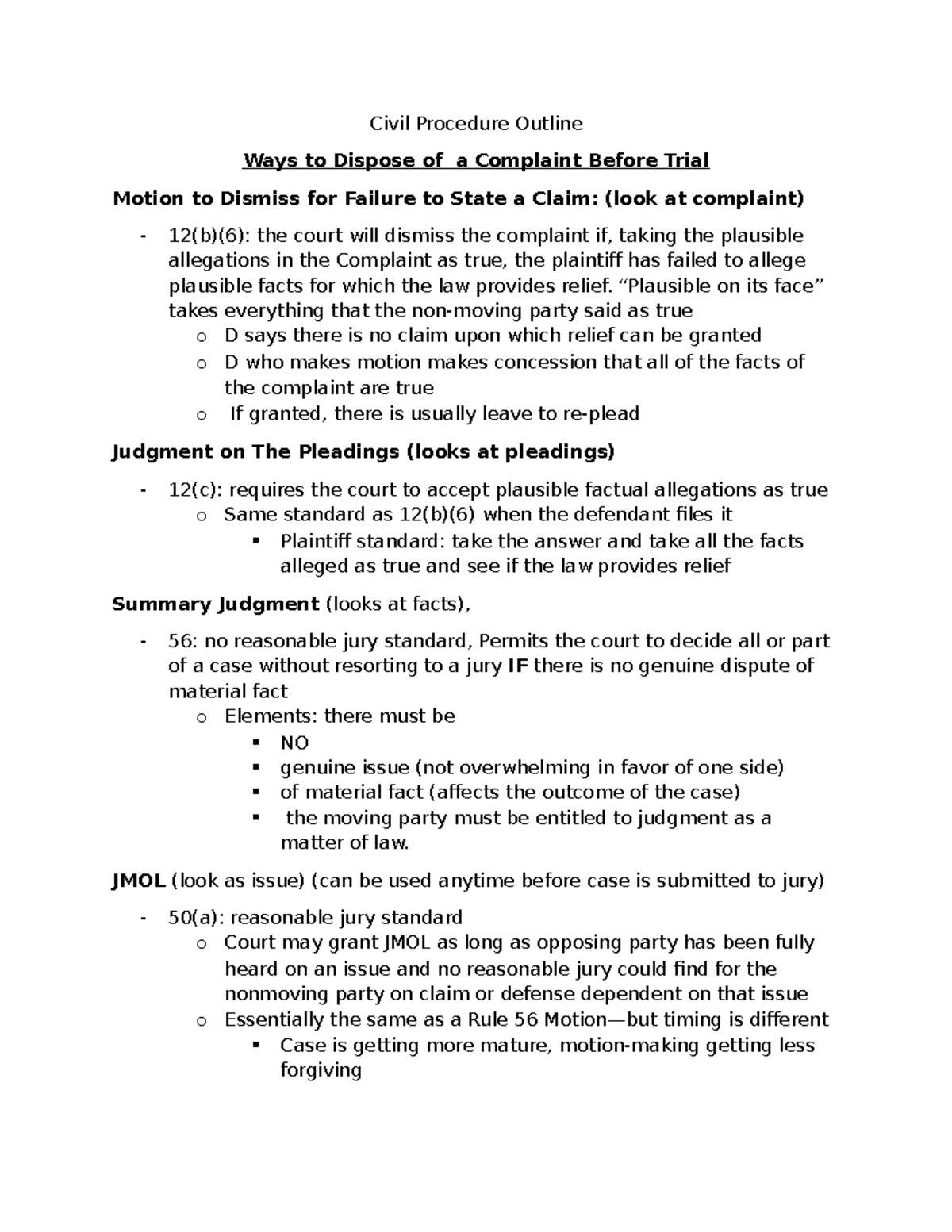 Civil Procedure Outline: Pre-Trial Motions and Dismissals (LAW 101 ...