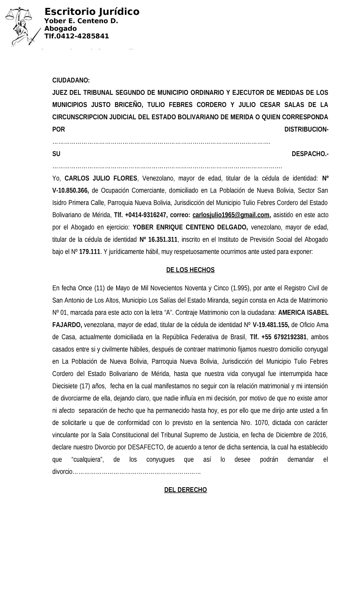 Divorcio por Desafecto de Carlos Julio - CIUDADANO: JUEZ DEL TRIBUNAL ...