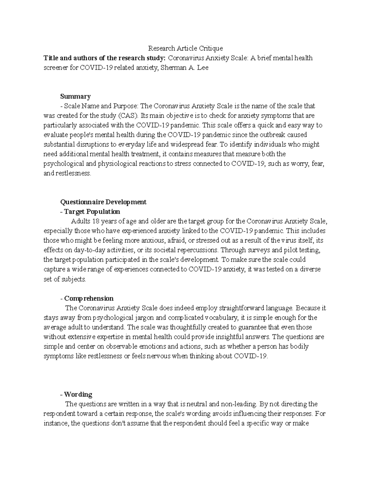 Research Article Critique - Research Article Critique Title and authors ...