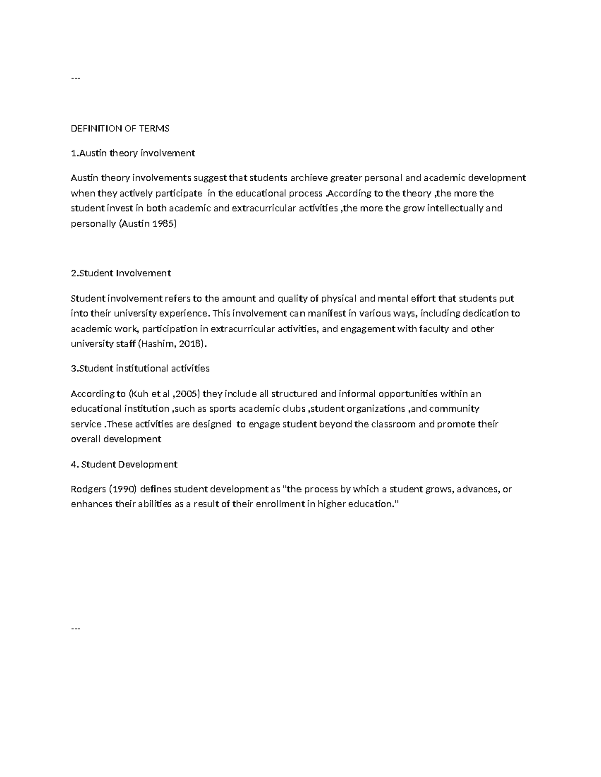 Astin assignment - DEFINITION OF TERMS 1 theory involvement Austin ...