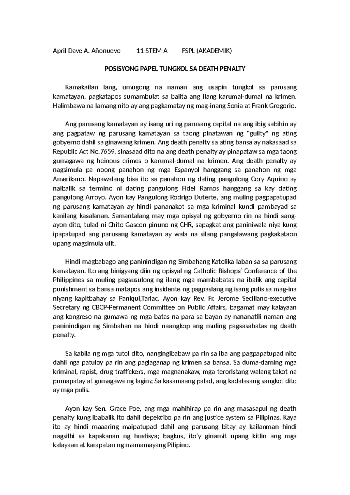 FSPL Posisyong Papel sa Parusang Kamatayan: Isang Pagsusuri - Studocu