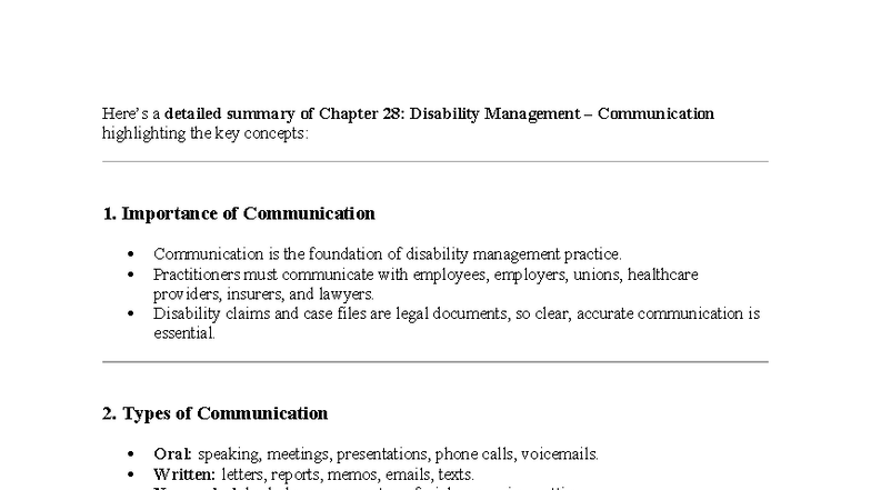 Dyck CH28: Summary of Disability Management Communication - Studocu