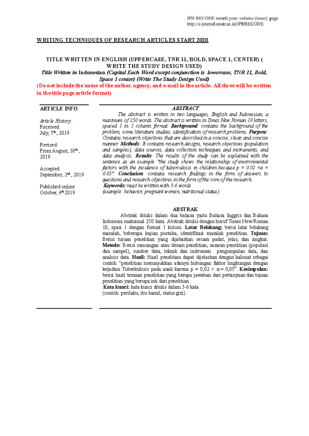 WRITING TECHNIQUES FOR RESEARCH ARTICLES: ORIGINAL RESEARCH TEMPLATE ...