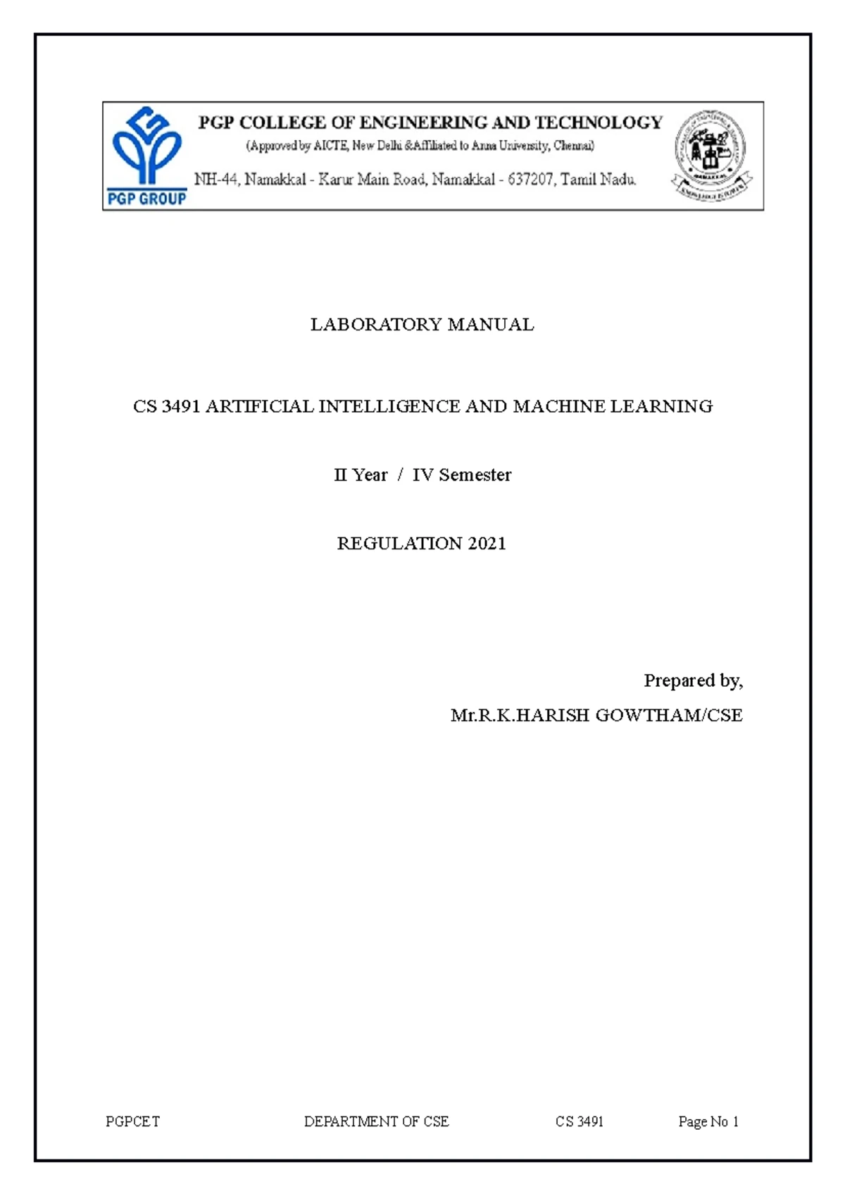 CS 3491 AI ML LAB - EVEN SEMESTER REGULATION 2021 INTEGRATED SUBJECT LAB MANUAL - PGPCET ...