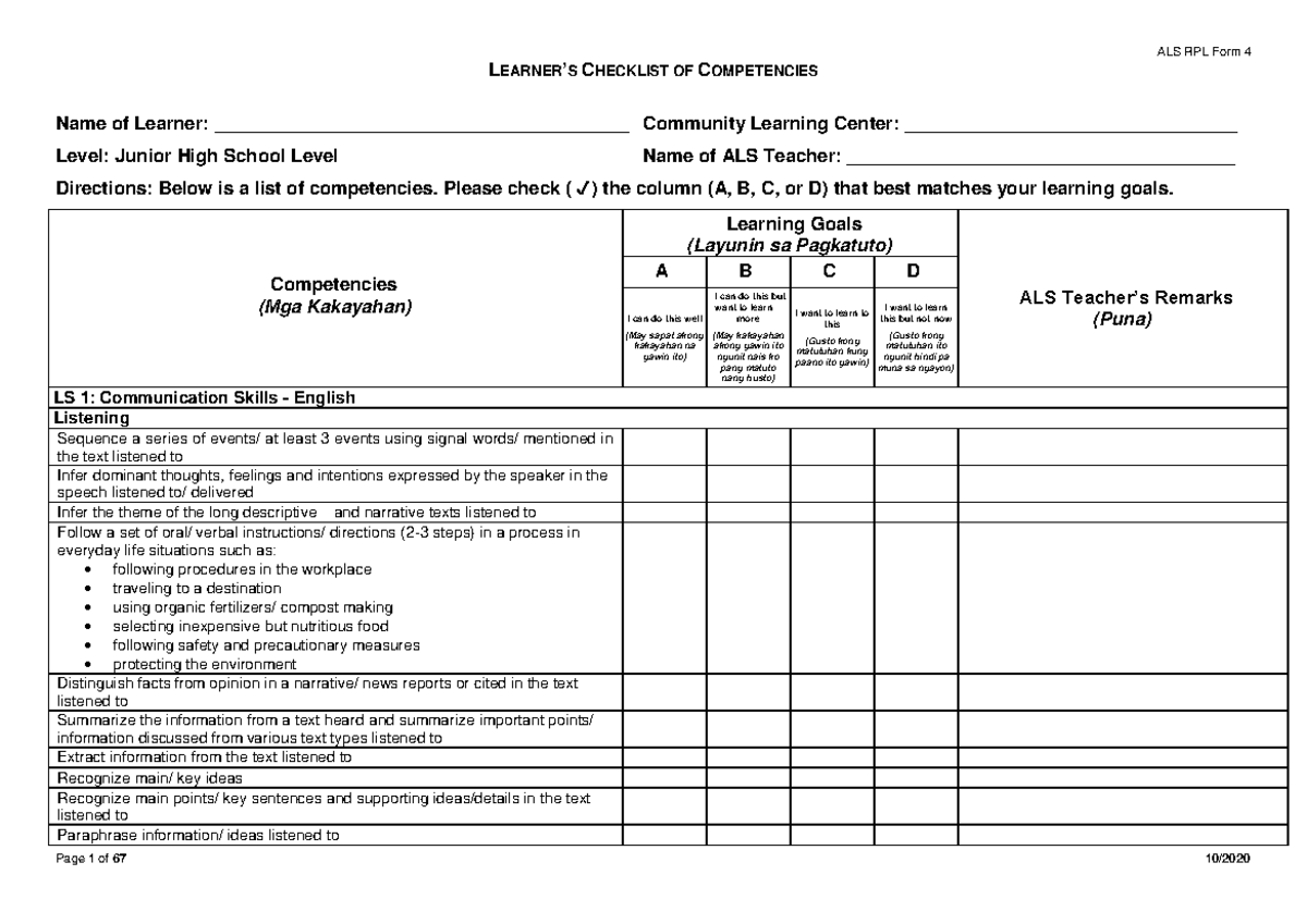 RPL Form 4 - JHS Learner's Competency Checklist for ALS - Studocu