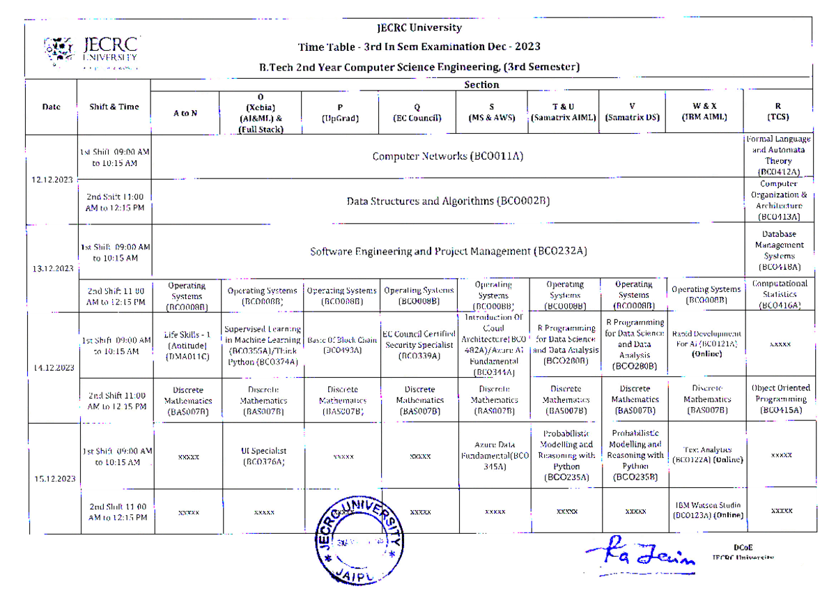 Time Table 3rd In Sem CSE Dec 2023 - JECRC University JECRC Time Table ...