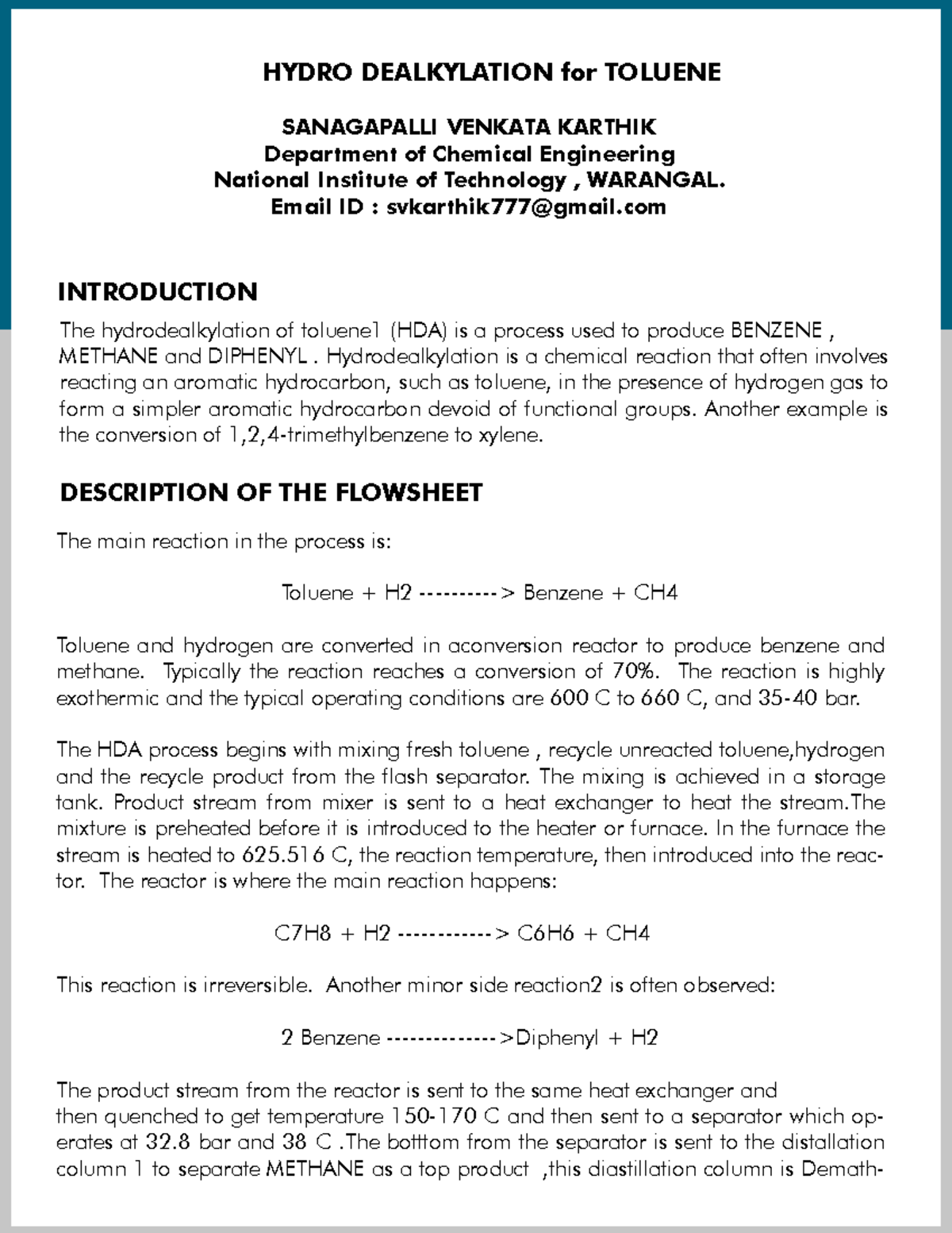 HDA - HDA process - INTRODUCTION DESCRIPTION OF THE FLOWSHEET The ...
