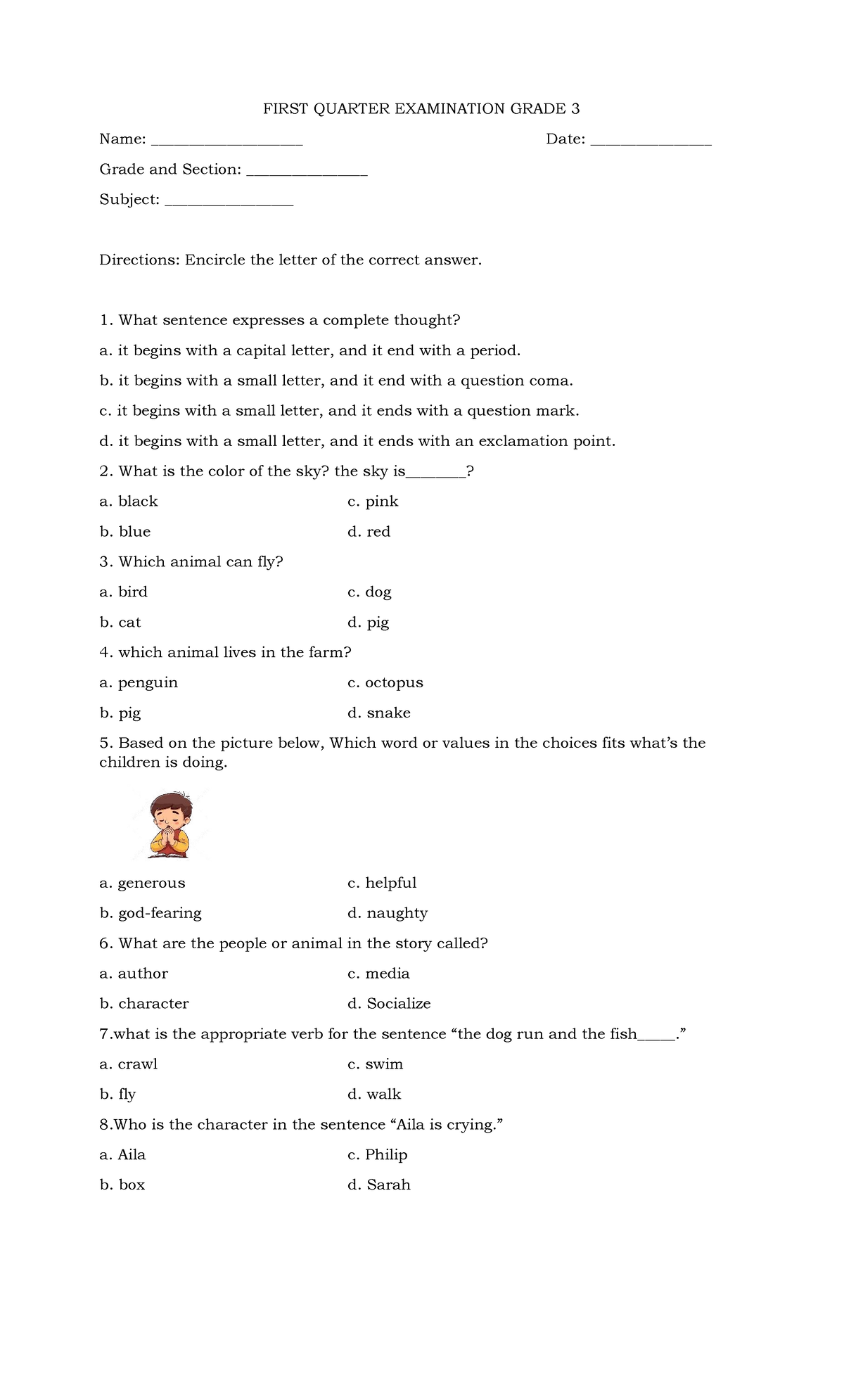 Grade 3 English Quarter 1 Exam - 732617918 - Studocu