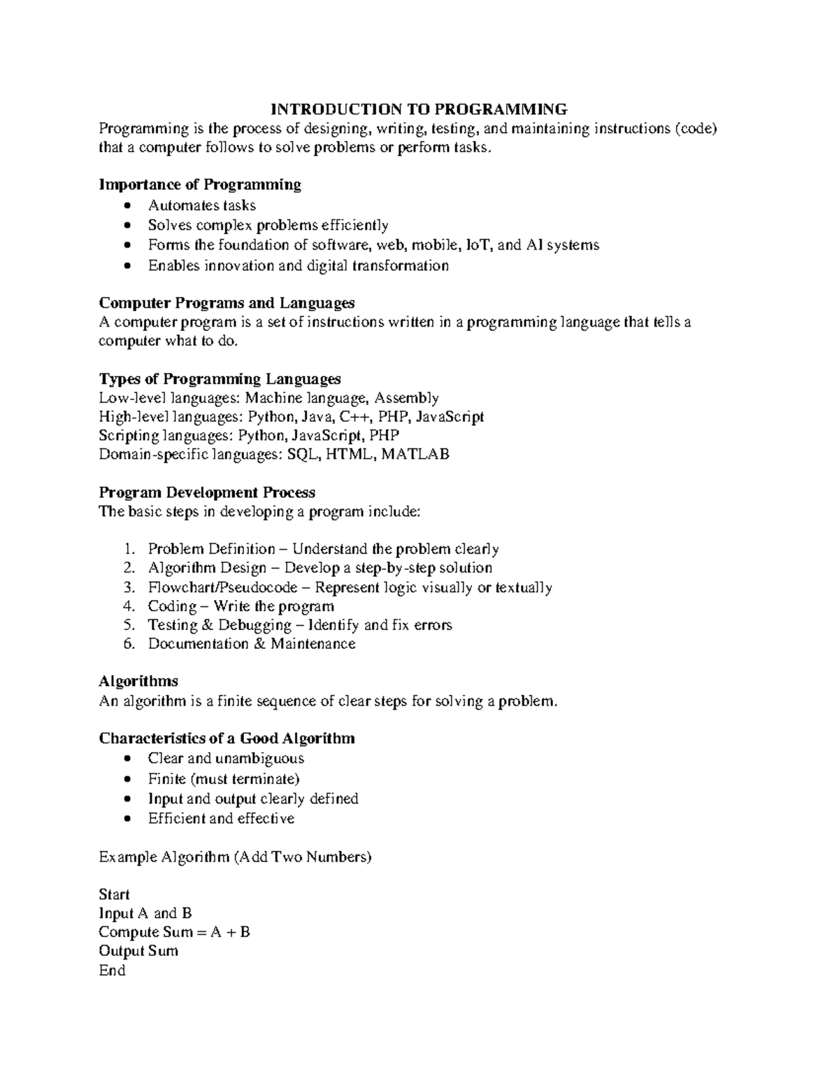 Programming Fundamentals Lecture 5: Introduction to Programming Concepts - Studocu