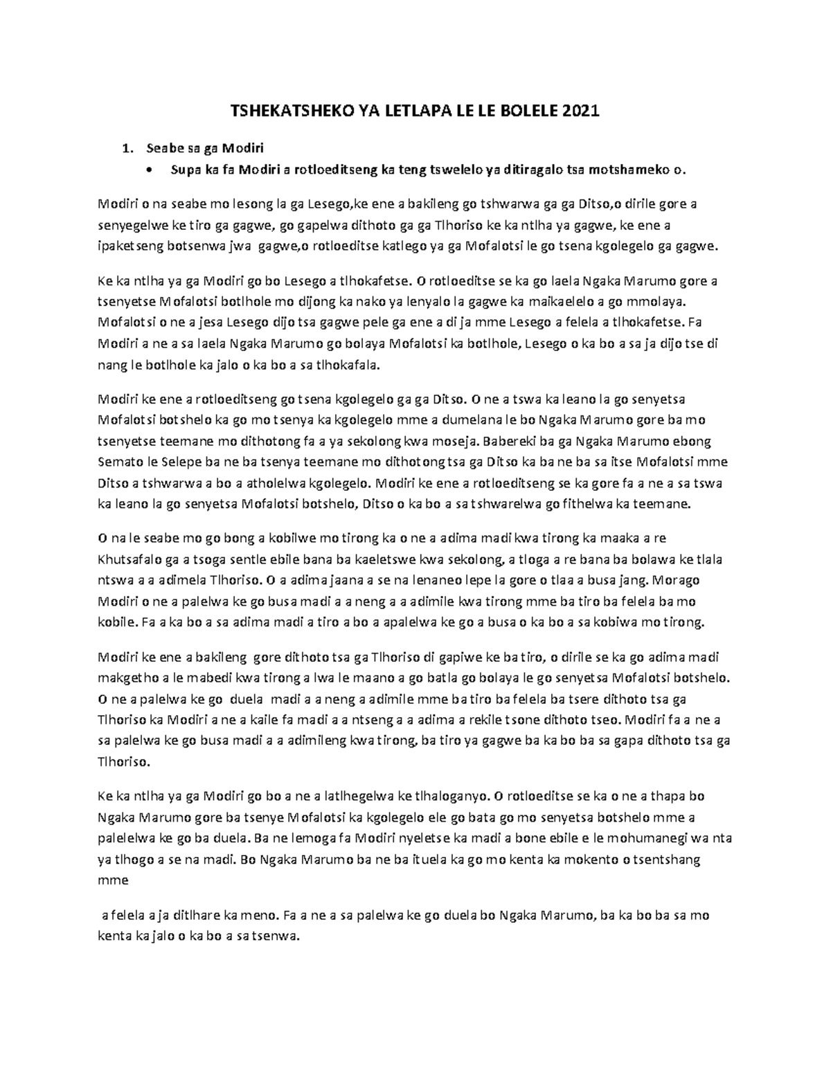 Letlapa LE LE Bolele 2021: Tsa Ditlhopho le Maikutlo a Banna - Studocu