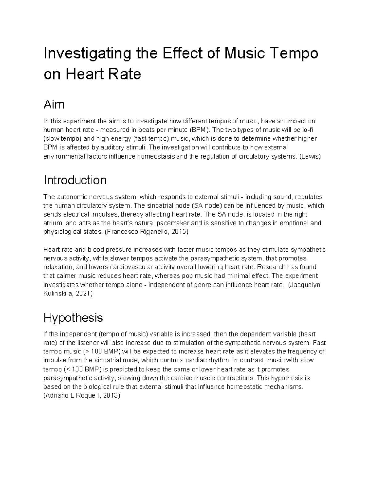Biology 101: Investigating Music Tempo's Impact on Heart Rate - Studocu