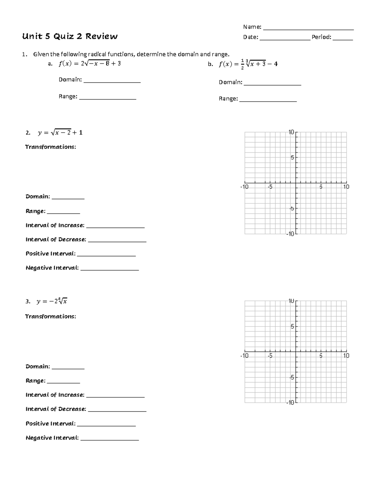 Unit 5 Quiz 2 Review: Radical Functions Domain & Range Analysis - Studocu