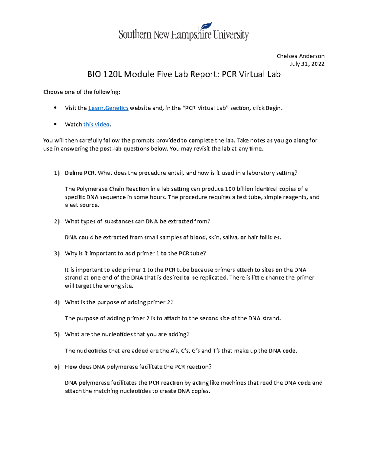 BIO 120L M5 PCR Virtual Lab Report - Chelsea Anderson July 31, 2022 BIO 120L Module Five Lab ...
