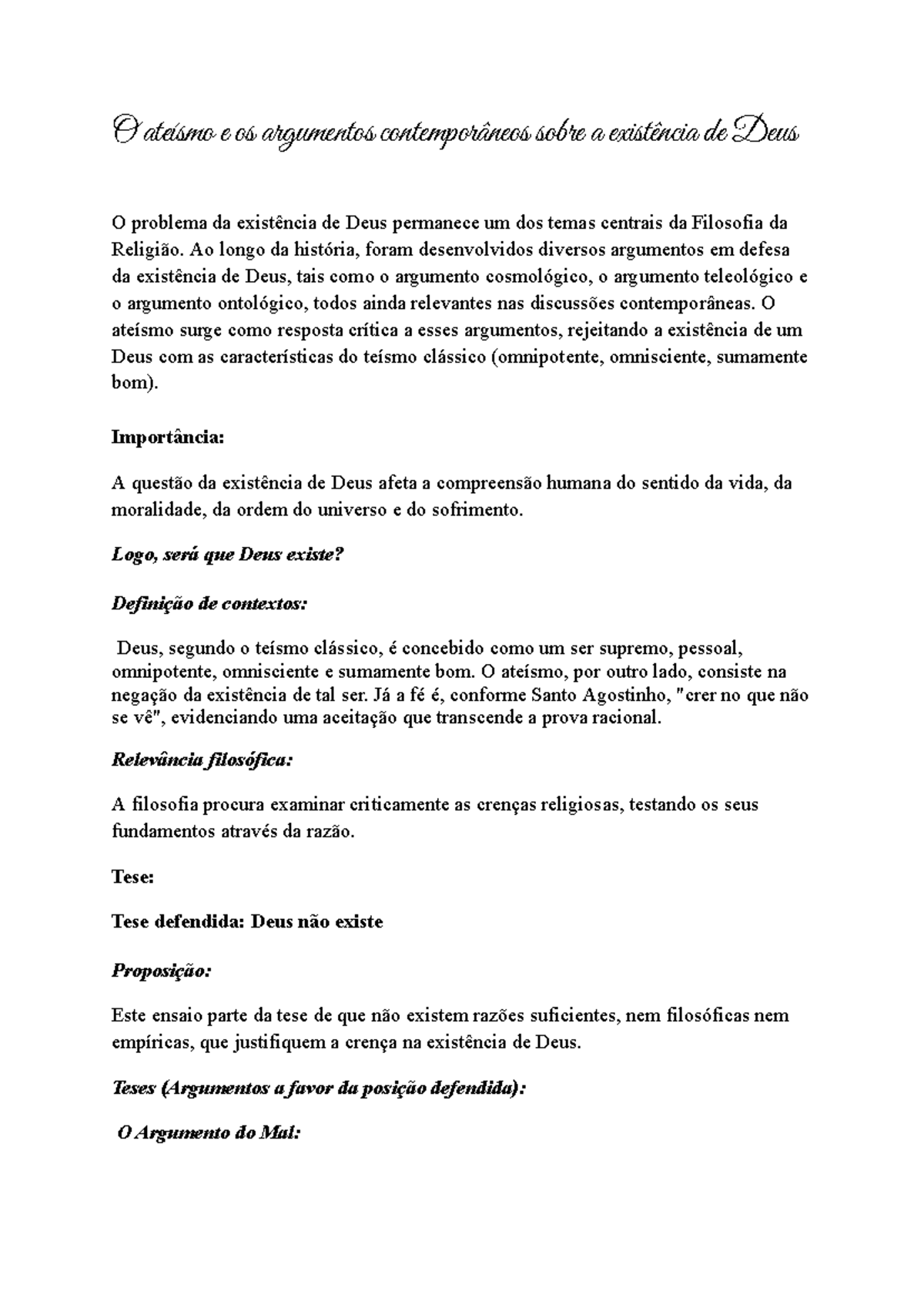 Filosofia da Religião: O Ateísmo e Argumentos sobre Deus - Studocu