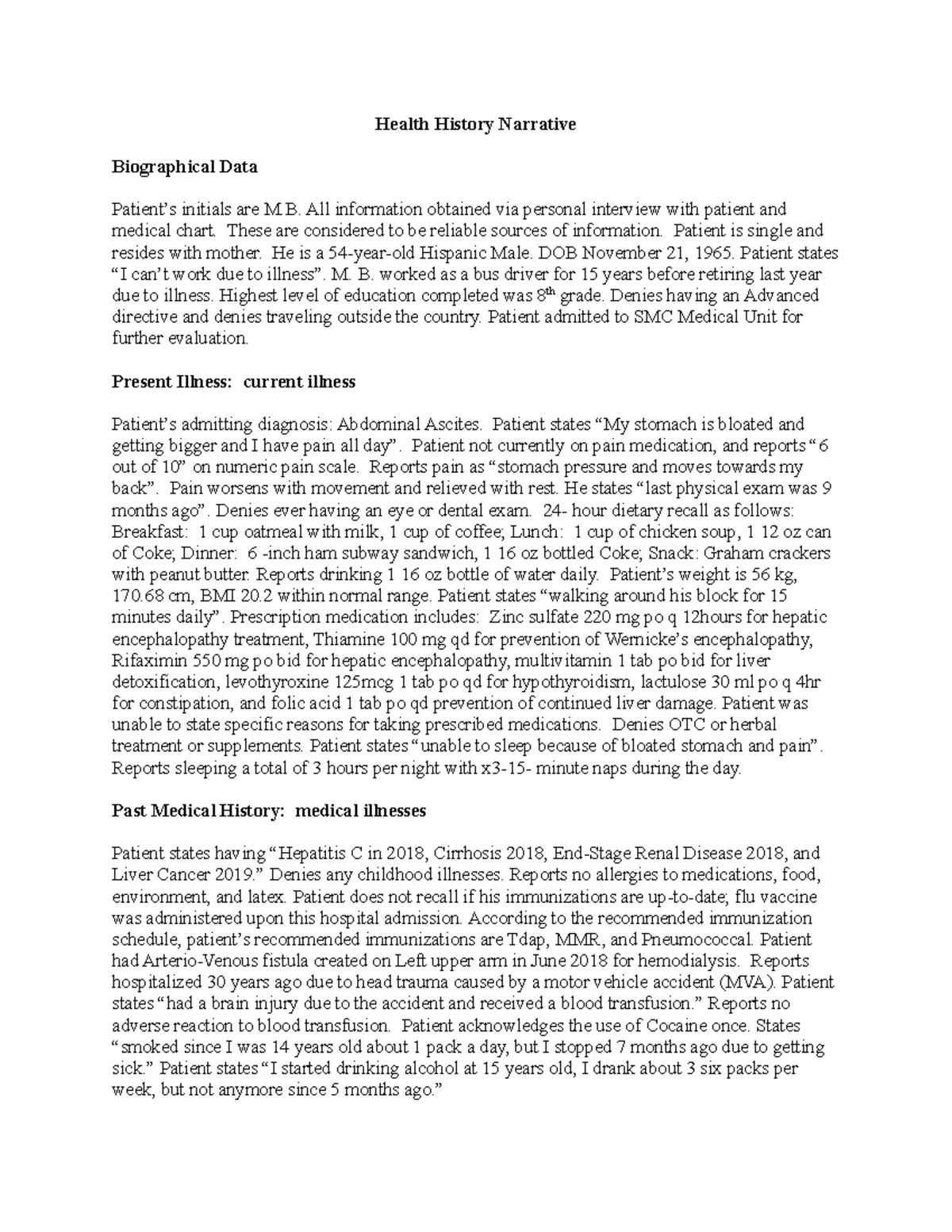 Example Health History Narrative - Health History Narrative ...