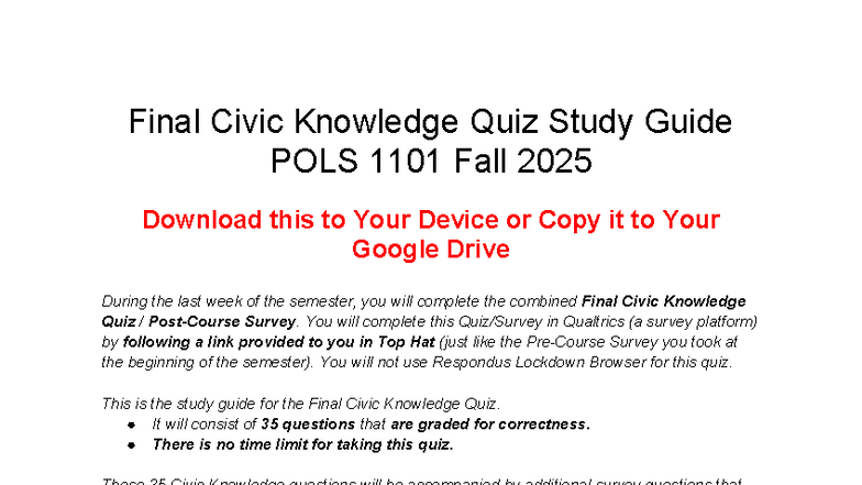 Final Study Guide for Civic Knowledge Quiz POLS 1101 Fall 2025 - Studocu