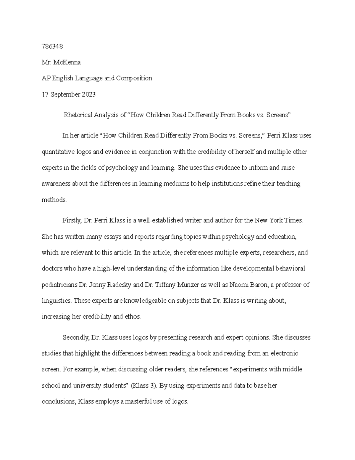 AP English Language & Composition TOW #2: Rhetorical Analysis of Klass ...