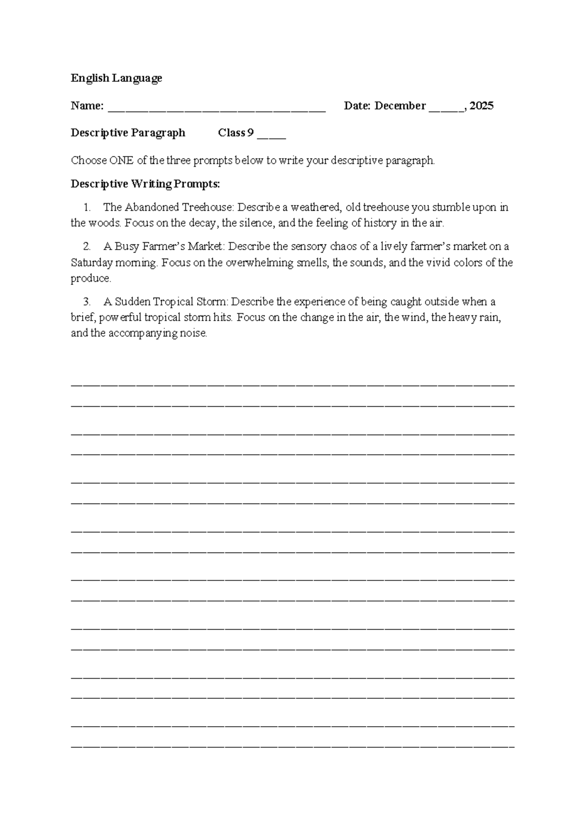 English Language 9: Descriptive Writing Worksheet - Studocu