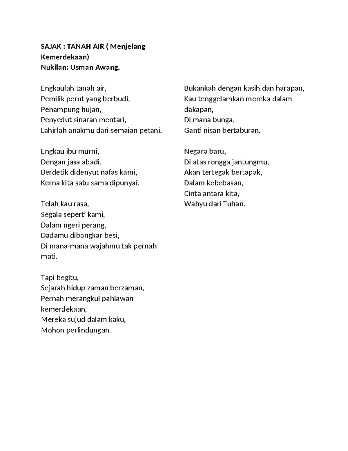 SAJAK: TANAH AIR Menjelang Kemerdekaan oleh Usman Awang - Studocu
