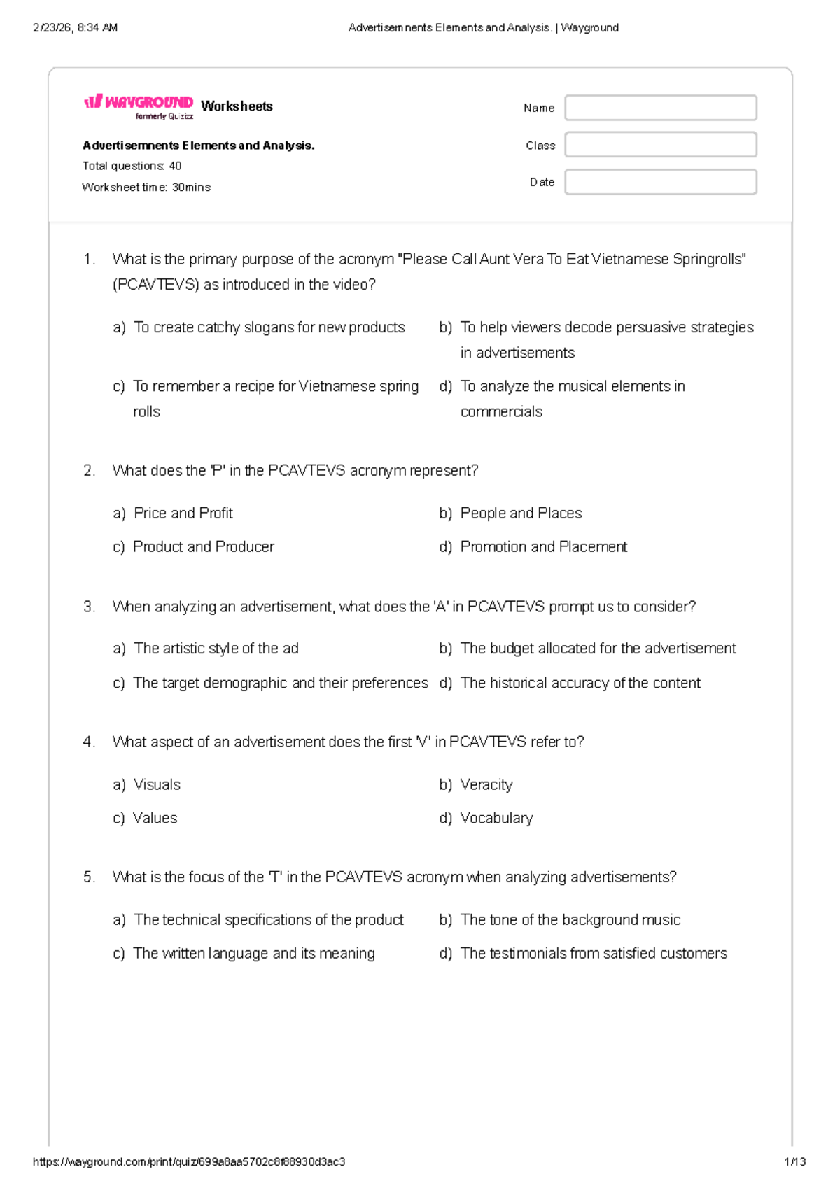 ADVT 101: Worksheet on Advertisement Elements & Analysis - Studocu