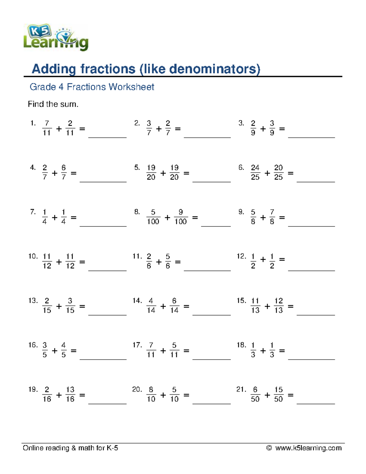 Grade 4 Fractions Worksheet: Adding Fractions with Like Denominators ...