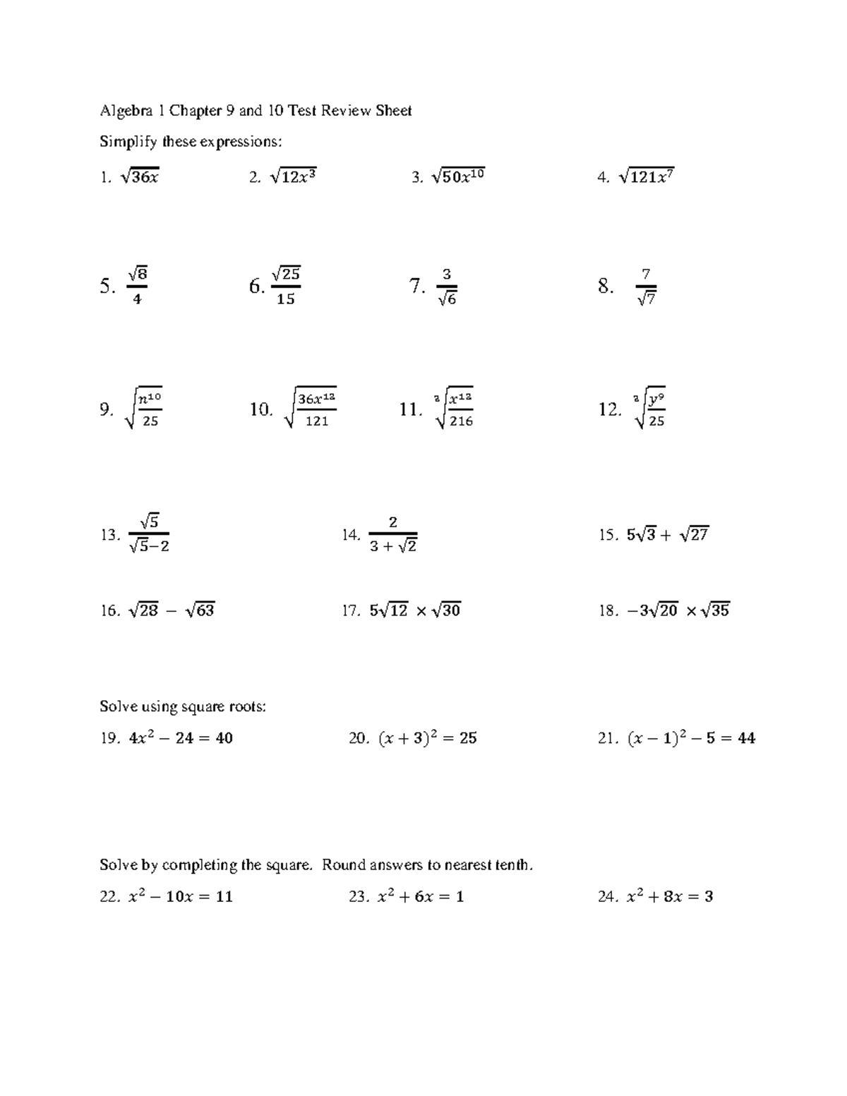 Algebra 1 Chapter 9 and 10 Test Review Sheet - Algebra 1 Chapter 9 and ...