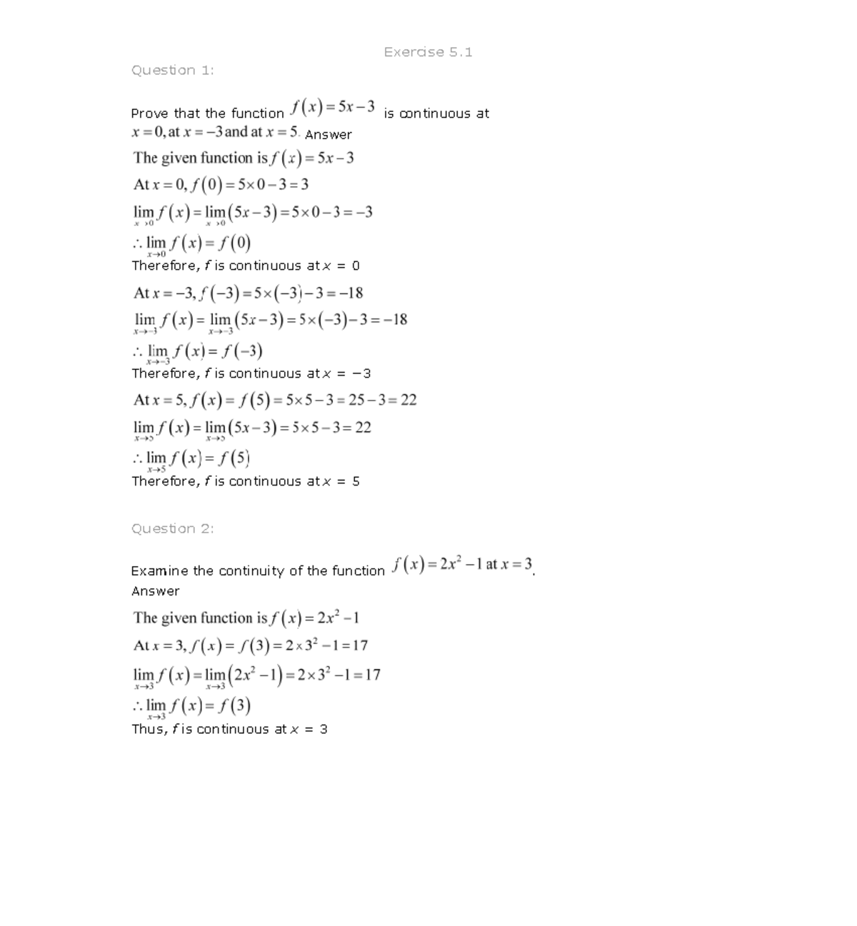 Ch-05 Continuity-Differentiability - Exercise 5. Question 1: Prove that the function is ...