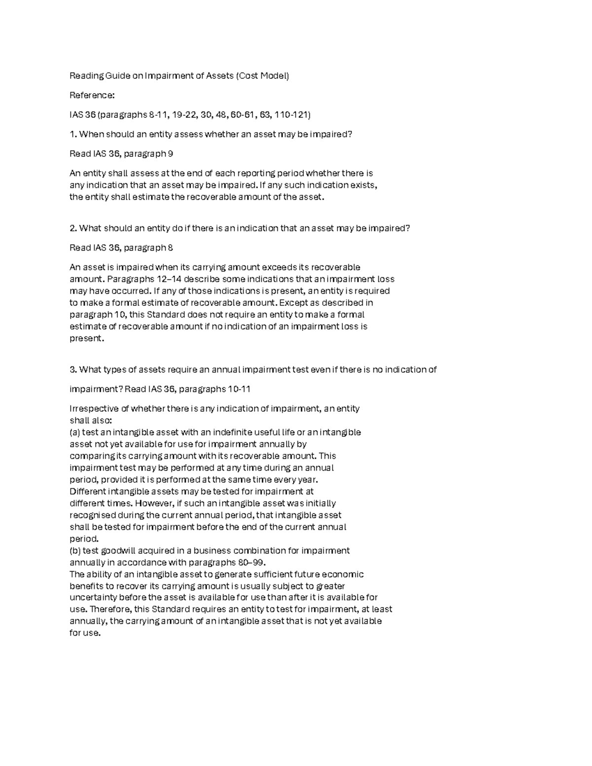Reading Guide on Impairment of Assets (Cost Model) - IAS 36 - Studocu