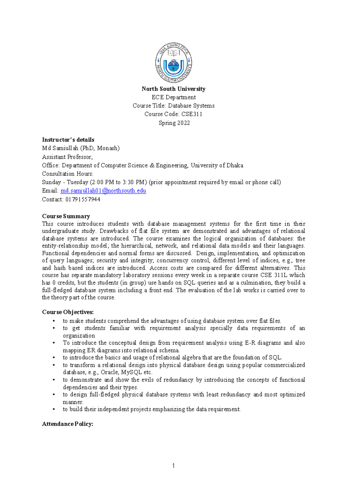 CSE 311 - Database Systems Course Outline Spring 2022 - Studocu