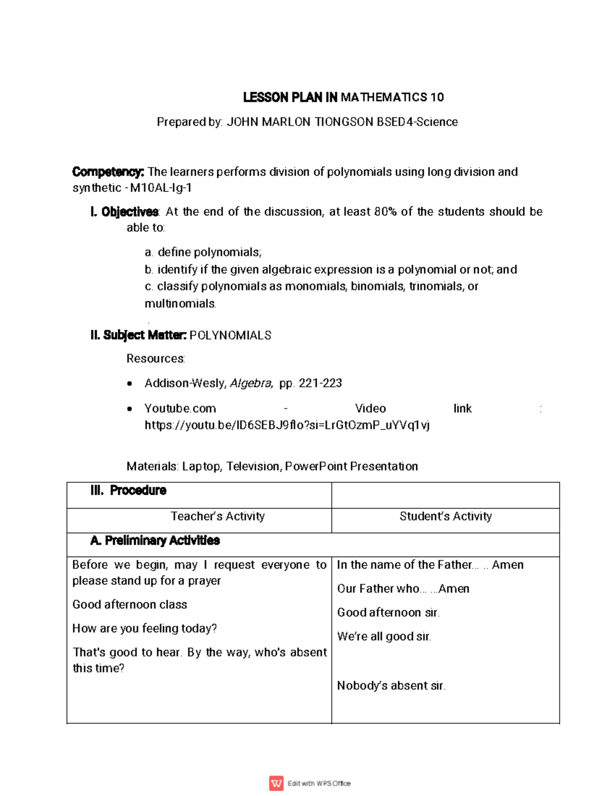 Math 10 Lesson Plan: Understanding Polynomials & Classifications - Studocu