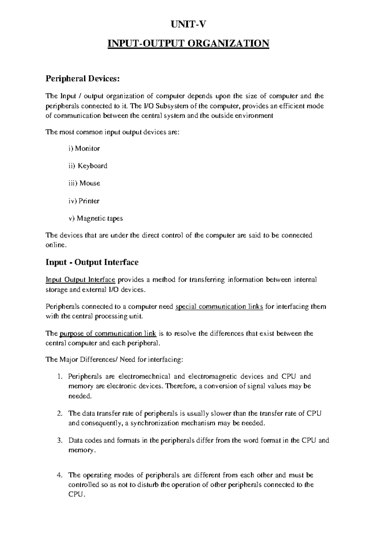 Unit 5 - Input/Output Organization and Peripheral Interfaces - Studocu