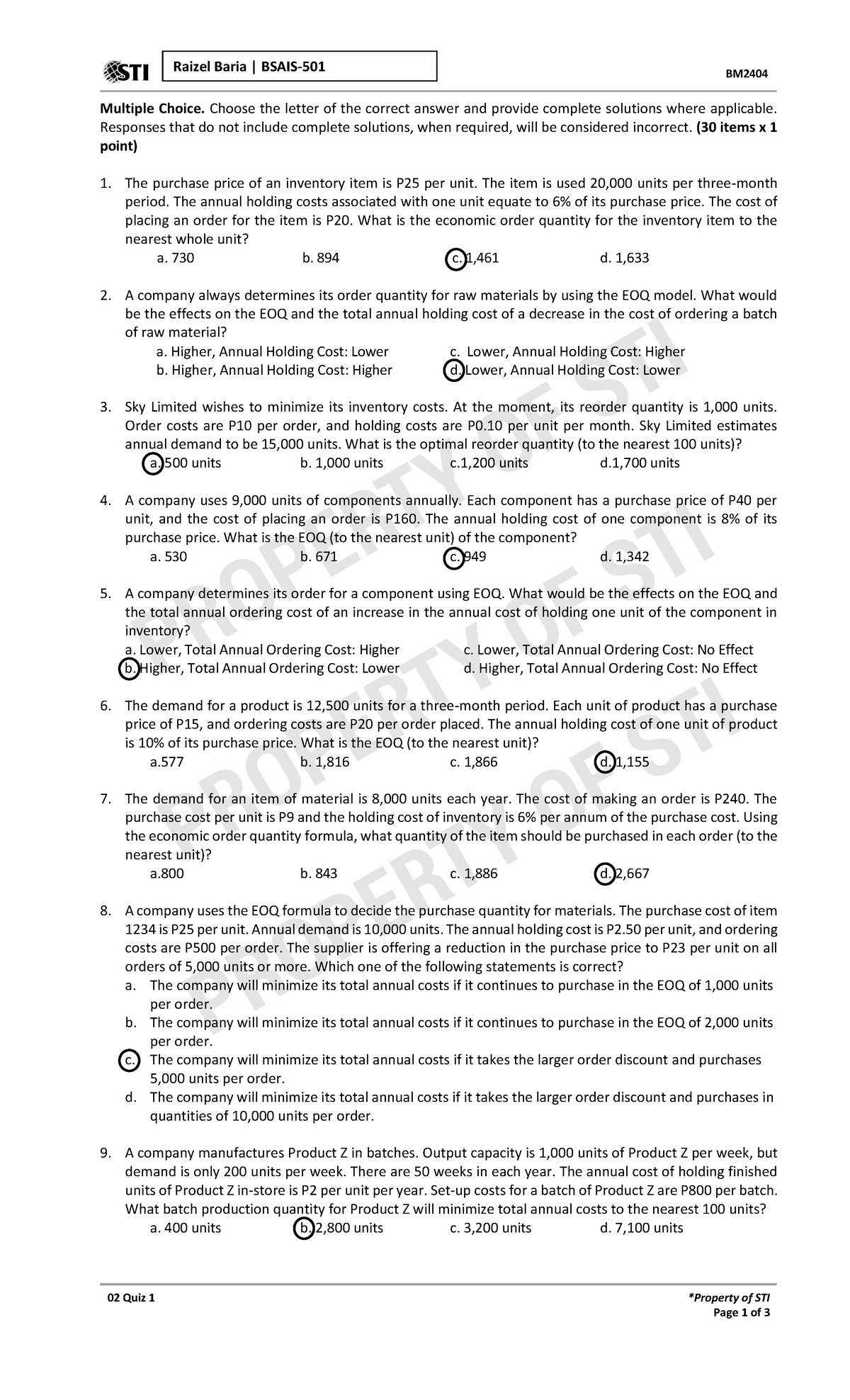 Baria Bsais-501 Cost-Accounting 02 Performance Task 1 - BM 02 Quiz 1 ...
