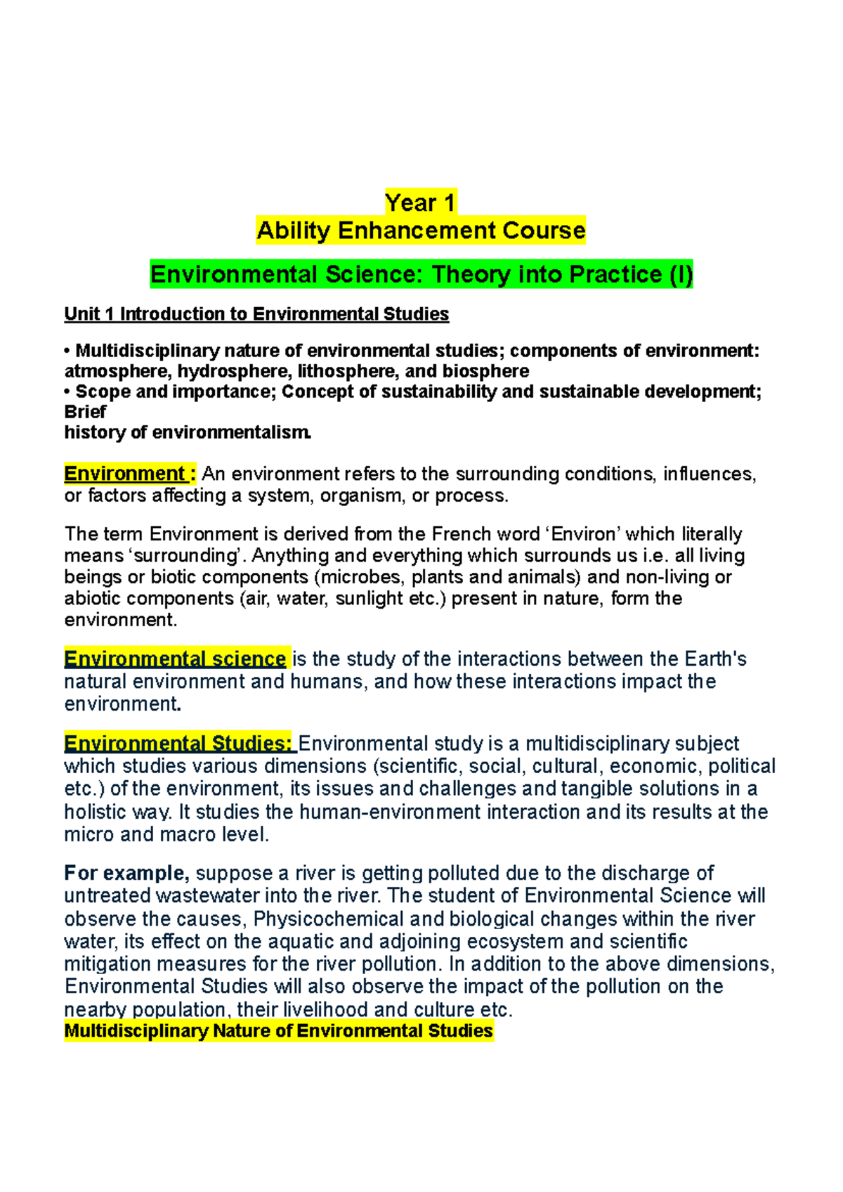 Environmental Science (I): Introduction to Environmental Studies and ...