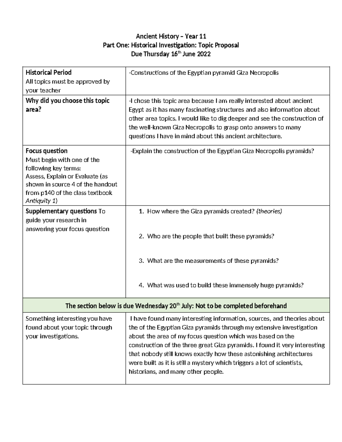 Ancient History Year 11: Topic Proposal on Giza Necropolis Pyramids ...