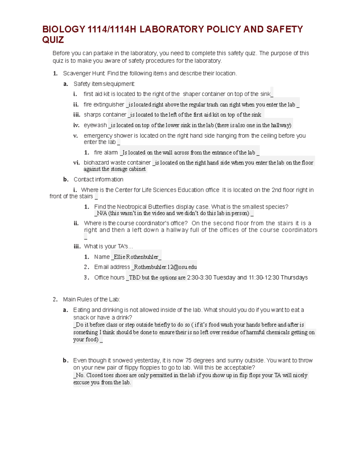 BIO 101: Laboratory Policy and Safety Quiz Worksheet - Studocu