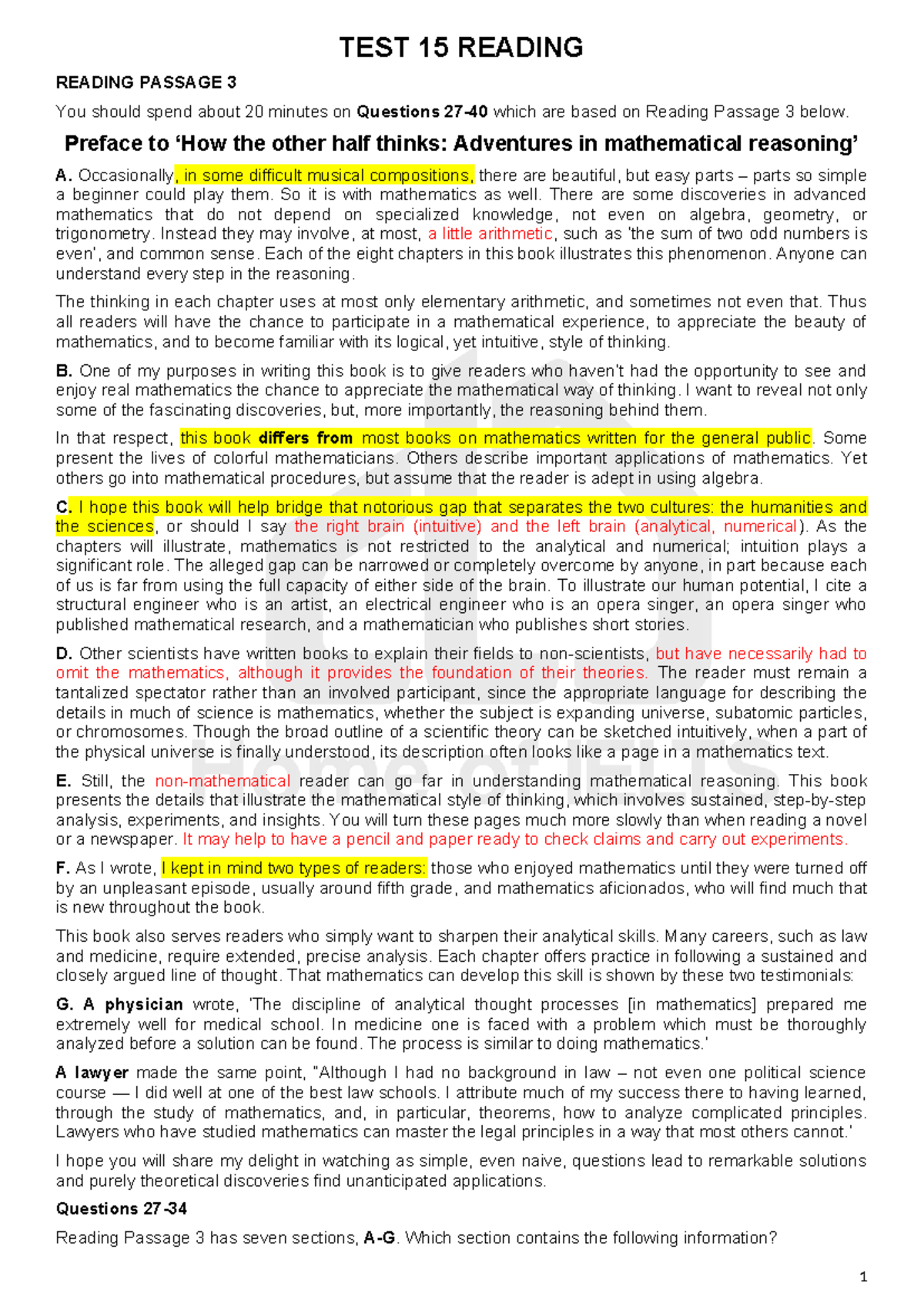 TEST 15 READING PASSAGE 3 - Understanding Mathematical Thinking - Studocu