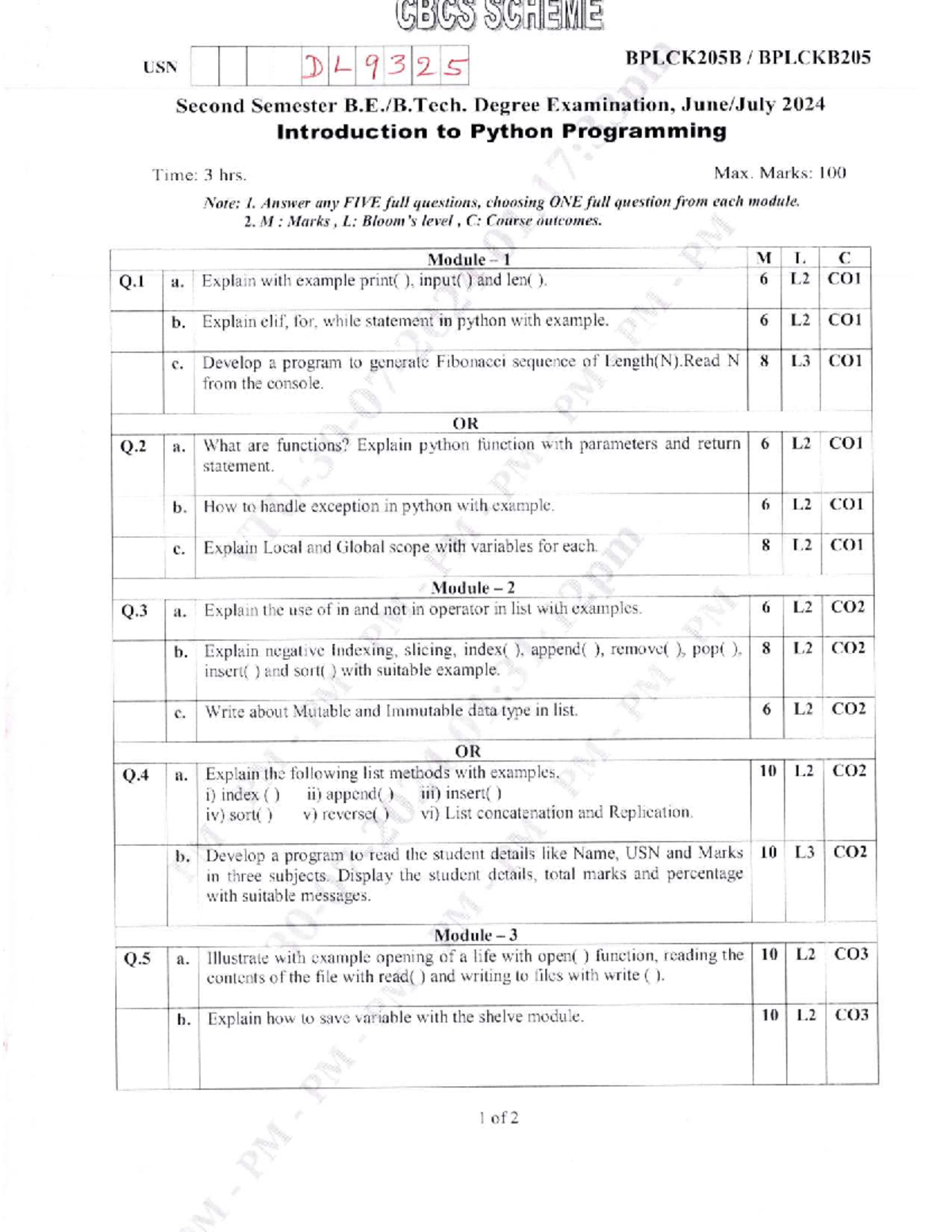 DL 137 USN Python Programming Second Sem Exam QP 2024 - Studocu