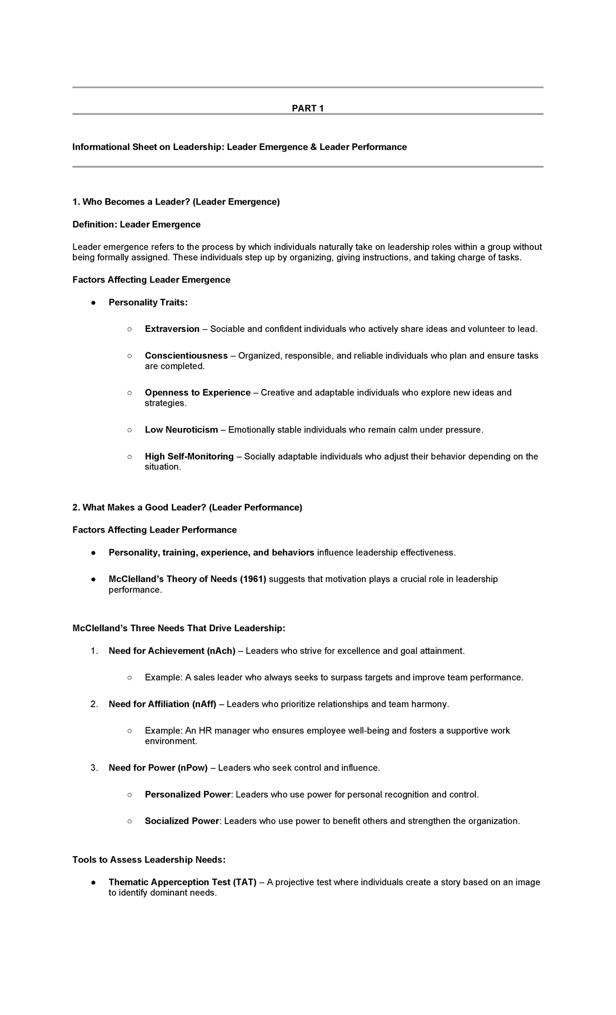 Leadership Discussion: Emergence & Performance (LEAD 101) - Studocu