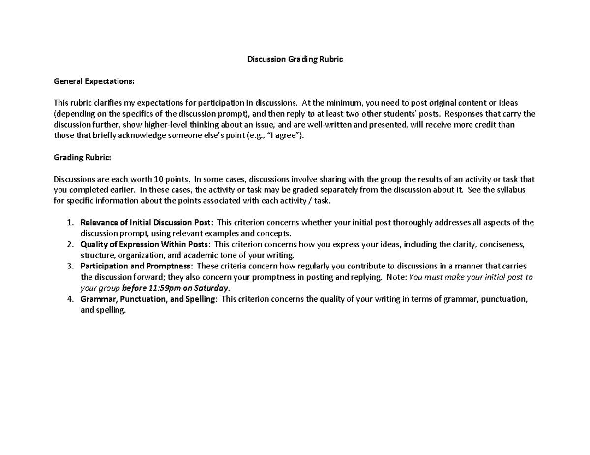 Discussion Grading Rubric: Expectations for Participation - Studocu