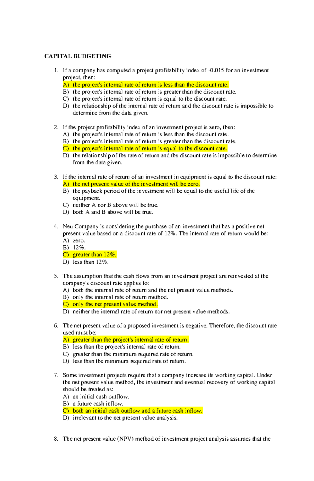 Cap-Bud-Quiz: Capital Budgeting Concepts and Calculations - Studocu