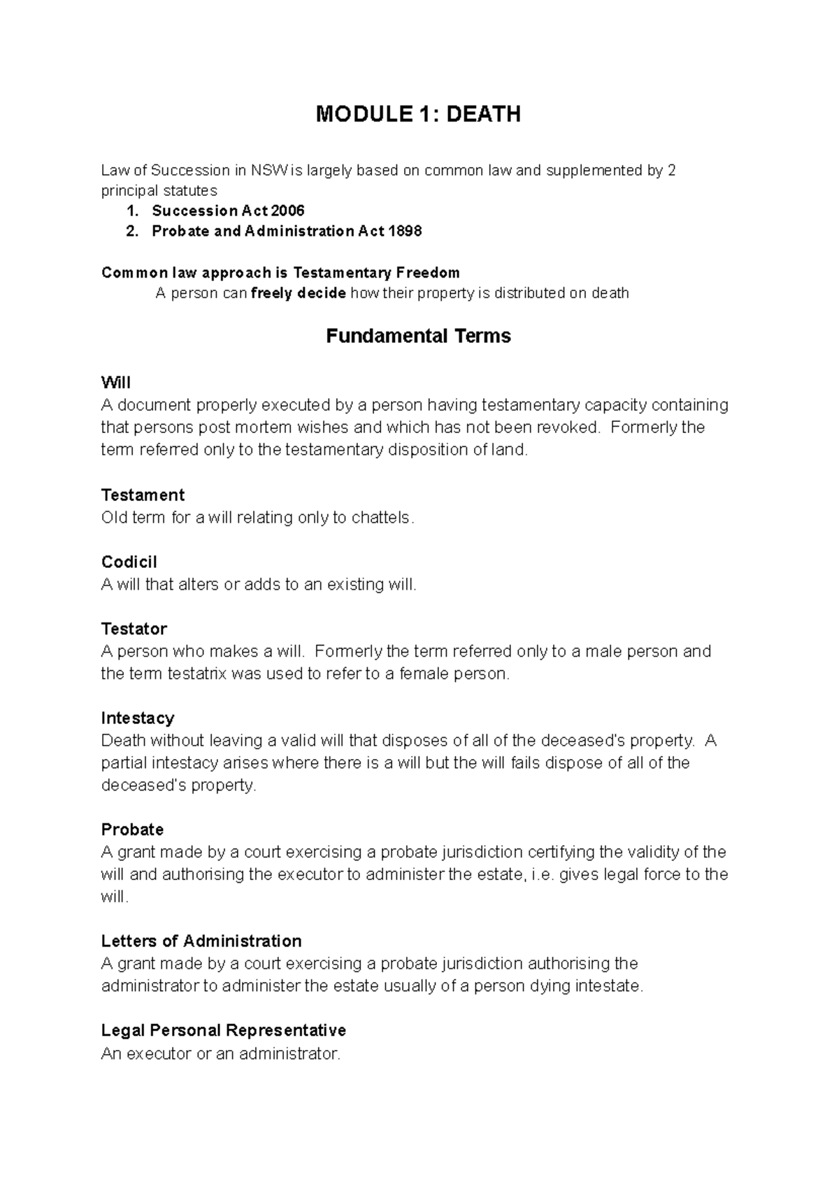 MODULE 1: DEATH - Law of Succession in NSW Exam Notes - Studocu